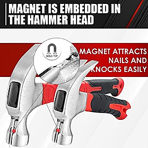 C&T 2 Piece Hammer Set,8oz Stubby Claw Hammer With Magnetic Nail Starter & 16oz Fiberglass General Purpose Claw Hammer & 560pcs Hardware Nail Assortment Kit, Soft Nonslip Handle & Heat Treated Head