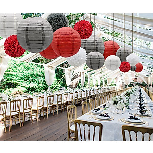 KAXIXI Hanging Party Decorations Set, 15pcs Red Gray White Paper Flowers Pom Poms Balls and Paper Lanterns for Wedding Birthday Bridal Baby Shower Graduation