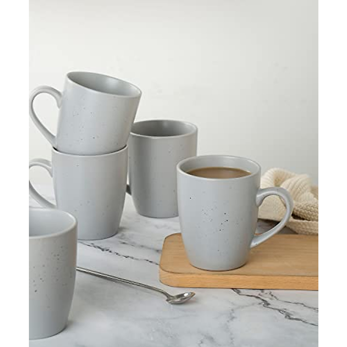 famiware Coffee Mug Set of 6, 15oz Large Ceramic Mug for Men, Women, Speckle Glazed Mugs with Handle for Coffee, Tea, Milk, Cocoa, Cereal, Light Gray