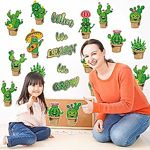 Whaline 45Pcs Cactus Cutouts Back to School Potted Succulent Classroom Decor Summer Green Cactus Cut-Outs When We Learn We Grow Bulletin Board Decor with 100Pcs Glue Points for School DIY Projects