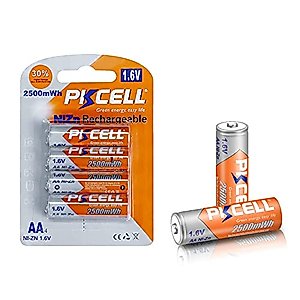 PKCELL Rechargeable AA Batteries NiZn Double A 1.6V 2500mWh Battery- 4Count for Thermometer Cameras Power