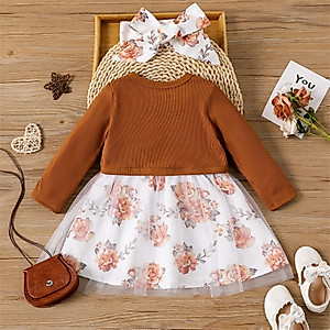 PATPAT Baby Girl Knit Spliced Floral Mesh Brown Dress and Long-Sleeve Cardigan with Headband 3pcs Set 3-6 Months