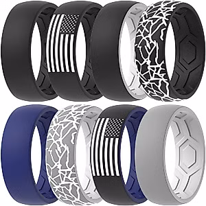 ThunderFit Silicone Wedding Rings for Men, 2 Layers Top Design Bands 8.5mm Wide 2.5mm Thick - 1/4/8/12 Variety Multipack (Pack B - Size 9.5-10 (19.8mm))