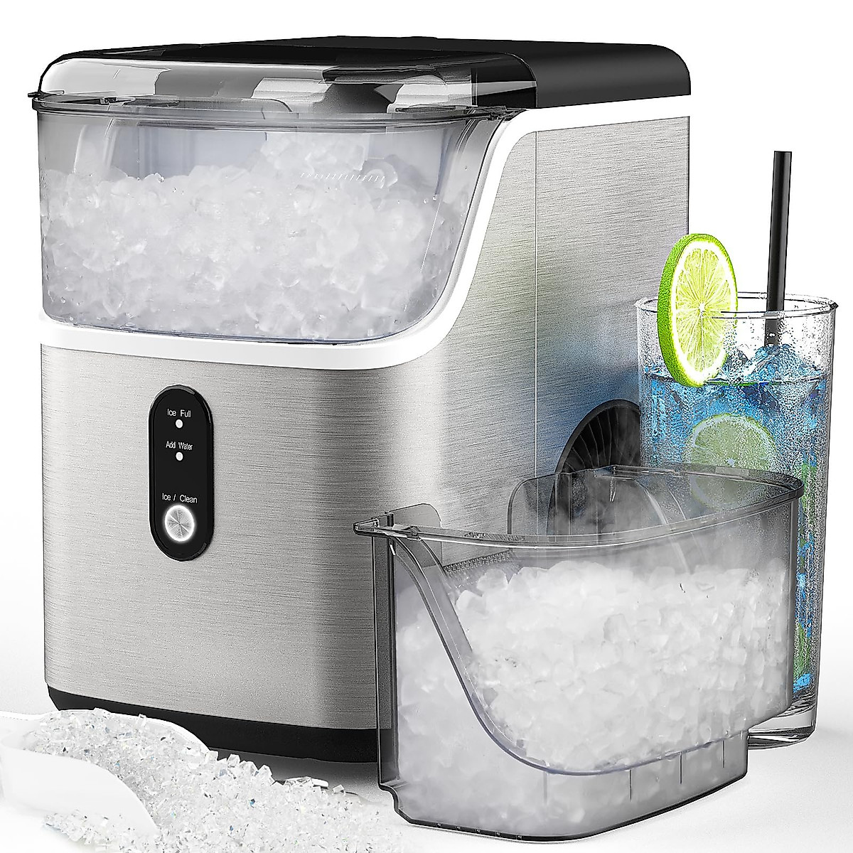 Kikihuose Nugget Countertop Ice Maker with Soft Chewable Pellet Ice, Portable Pebble Ice Machine 33lbs/24H, Self-Cleaning, Sonic Ice, One-Click Operation, for Kitchen, Office- Stainless Steel Silver