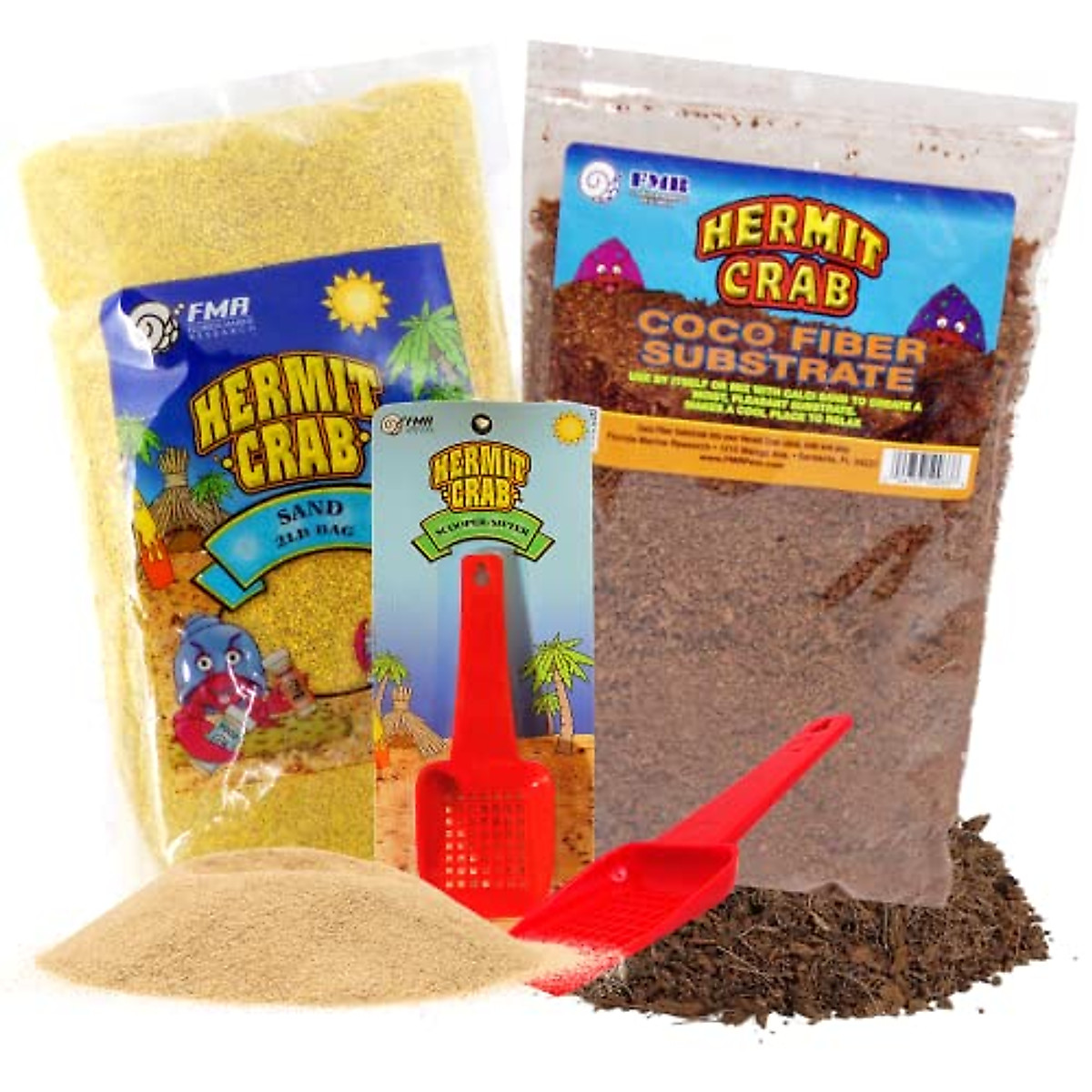 Needzo Natural Terrarium Supplies for Hermit Crabs and Reptiles, Loose Coco Fiber Substrate, 2 Pound Sand Bag, and Scooper Sifter, Bulk Terrarium Supplies, 3 Items