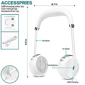 POOCCI Portable Neck Fan, Hands Free Bladeless Fan, USB Rechargeable Wearable Personal Fan, Headphone Design Neck Cooling Fan, USB Powered Neck Fan with 3 Speeds-White