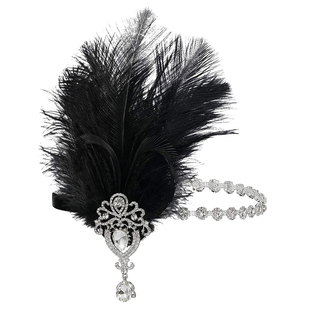 SWEETV 1920s Feather Headpiece Black, Womens Ostrich Feather Crystal Headband, Great Gatsby Hair Accessories for Women, Ribbon Tie