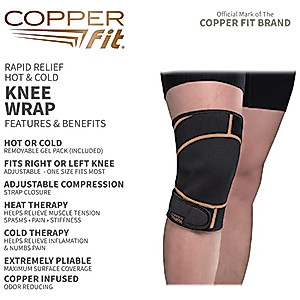 Copper Fit unisex adult Rapid Relief Knee Wrap with Hold/Cold Therapy Abdominal Support, Black, Adjustable