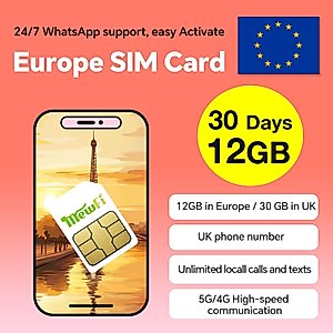 UK SIM Card 30Days 30GB / Europe SIM Card 30Days 12GB, Unlimited Local Calls and SMS, Applicable to 72 Countries, Support 4G/5G Operating Networks, Easy Activation & 24/7 Whatsapp Support