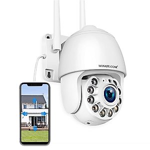 HOSAFE.COM Cameras for Home Security Outdoor WiFi, Plug-in 24/7 Video Surveillance System, Spotlight Color Night Vision, Human Motion Detection, PTZ Auto Tracking, Two Way Talk, Waterproof