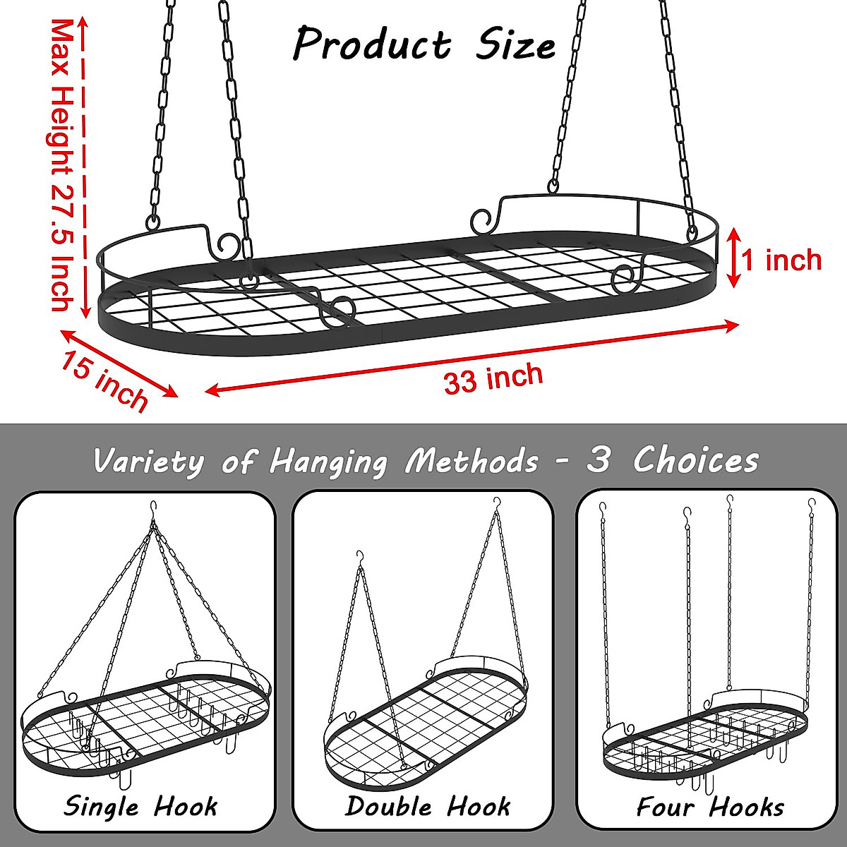 TICKCACY 33” Oval Pan Rack Hanging, Heavy Duty Ceiling Pot Rack with Hooks, Metal Pot Rack Hanging with Grid, Pot and Pan Hangers for Kitchen Cookware Utensils Toiletries, Easy Assembly, Black
