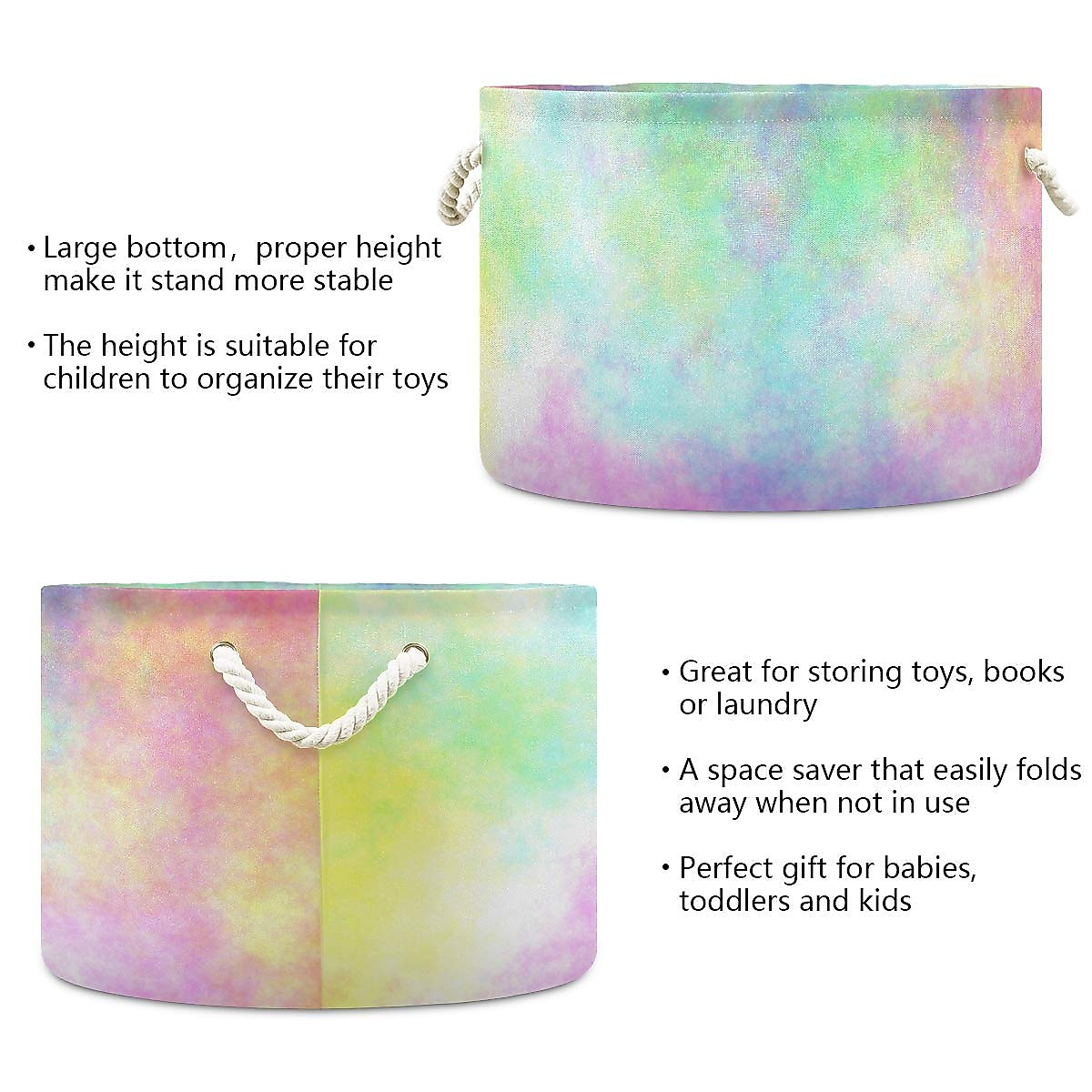ALAZA Large Storage Basket for Toys Purple Tie Dye Rainbow Print Round Blanket Basket Laundry Hamper Canvas Organizer Bin Box Cotton Rope Collapsible Bucket Pillow Home Decor