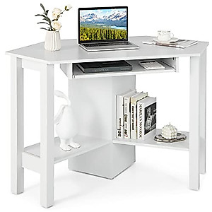 Tangkula Corner Desk with Keyboard Tray, Triangle Corner Computer Desk for Small Space, Bedroom Corner Makeup Vanity Desk with Storage Shelves, Space Saving Corner Writing Desk