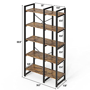 Easyzon 5 Tier Bookshelf and Bookcase, Rustic Industrial Bookshelf, Large Etagere Bookshelf Open Display Shleves with Metal Frame for Living Room Bedroom Home Office