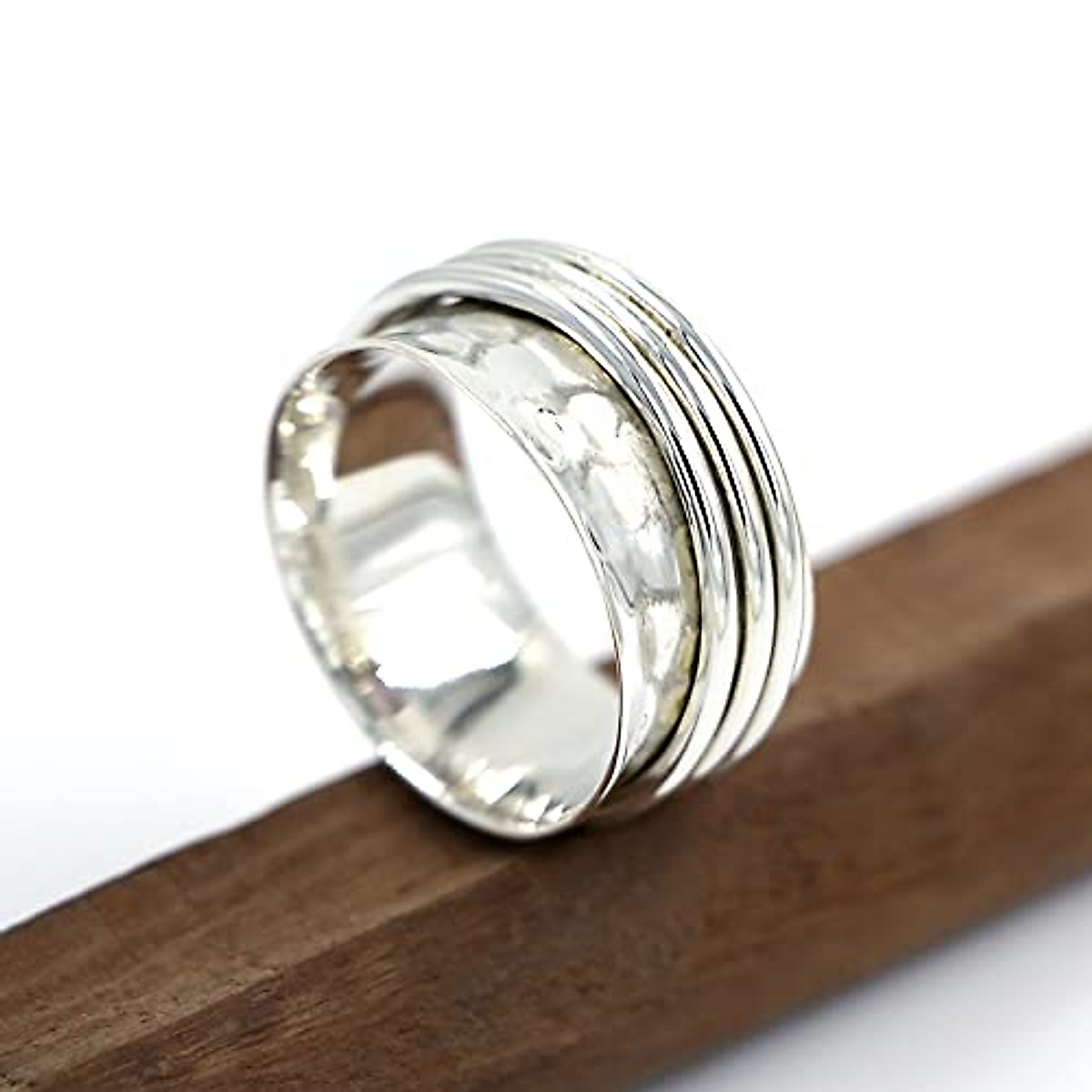 Three Tone Spinner Ring 925 Sterling Silver Rings For Women Hammered Textured Silver Spinner Rings Silver Wide Band Ring 925 Silver Ring Spinner Meditation Ring Thumb Ring Anxiety Ring Worry Ring Fidget Ring Silver Wedding Band Ring Silver Jewelry Gift Fo