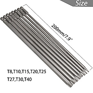 Saipe 8pcs 200mm/7.9" Long Torx Head Screwdriver Bit Set Magnetic Tamper Proof Security Torx Bit Set 1/4" Hex Shank Star Screw Driver Drill Bits T8-T40