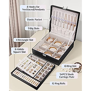 Jewelry Box for Women, 2 Layers Jewelry Organizer with Lock, Large Jewelry Boxes Jewelry Case for Storing Earrings Rings Necklaces Bracelets PU Leather & Soft Velvet Lined, Girls Wife Ideal Gift