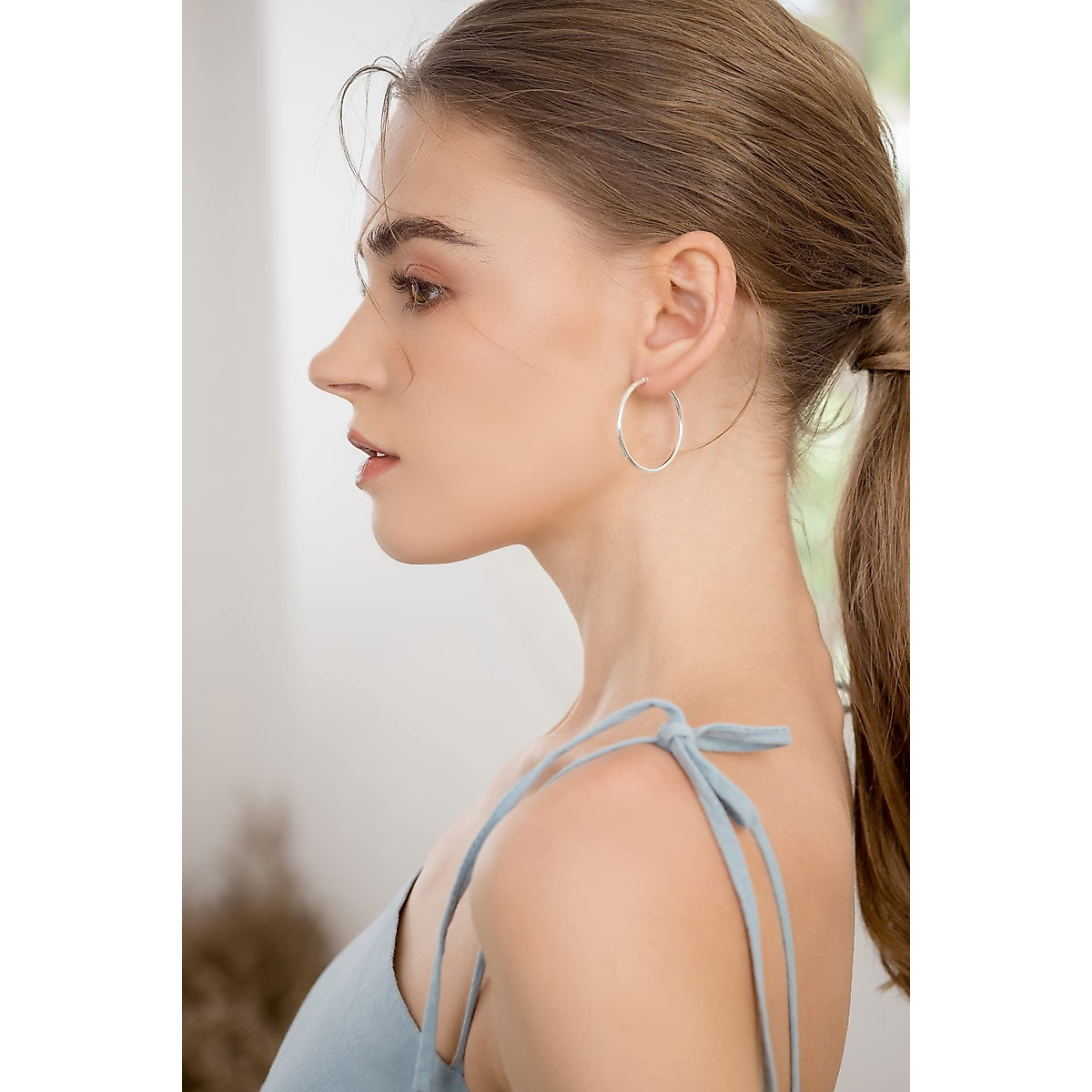 Sterling Silver Hoop Earrings, Round-tube Design, Shiny Polish Finish with Click-Top Closure, Tarnish and Nickel Free, 35mm Diameter