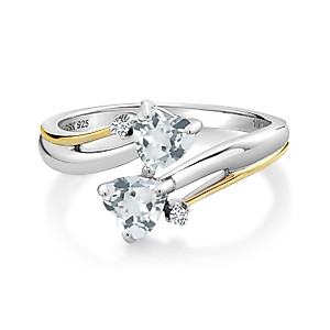 925 Silver and 10K Yellow Gold Sky Blue Aquamarine and White Lab Grown Diamond 2 Heart Promise Couple Engagement Mother Ring (0.85 Cttw, Gemstone Birthstone, Available In Size 5, 6, 7, 8, 9)