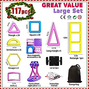 Magnetic Tiles for 3 4 5 6 7 8+ Year Old Boys Girls Magnetic Blocks Building Set for Kids Ages 3-6, Creativity and Educational Construction Toys for Toddlers 3-5 Christmas Birthday Gifts Toys-117PCS