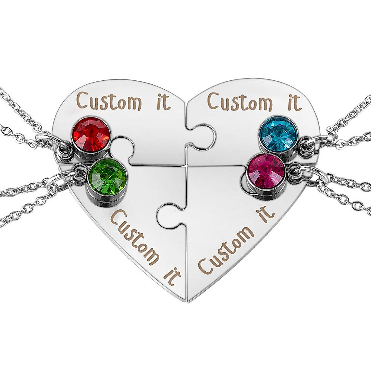 Personalized Matching Heart Puzzles Pieces Custom Name Birthstone Friendship Necklaces for Best Friends of 4
