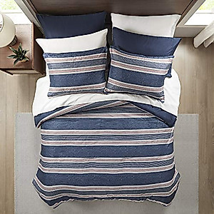 Comfort Spaces Bed in A Bag Comforter Set - College Dorm Room Essentials for Boys Men Bedding, Complete Dormitory Bedroom Pack And Sheet with 2 Side Pockets, Full, Stripes Navy/Red