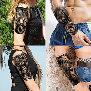 67 Sheets 3D Black Tribal Realistic Temporary Tattoos for Men Women Adults - Tiger Lion Gladiator Temp Skull Fake Half Arm Sleeve Tattoos Sticker