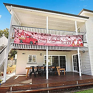 Large Happy Valentines Day Banner Outdoor Decorations 120" x 20" Valentine's Yard Sign Pink Flowers Hearts Love Truck Cute Gnomes Trees Balloons Holiday Party Supplies Valentine Backdrop Home Decor with Brass Grommets for Garden House Fence Garage Indoor