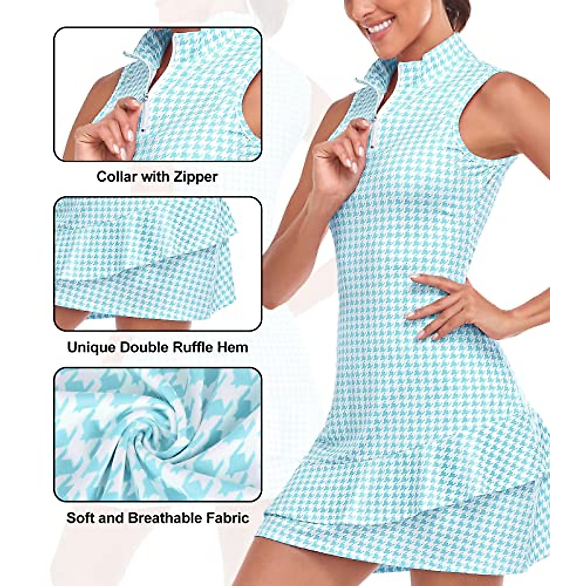 Viracy Tennis Dress for Women Golf Outfits Sleeveless Stand Collar Short Dresses with Pockets Zip Up Moisture Wicking for Workout Athletic Blue Houndstooth-M
