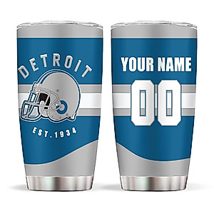 Custom Detroit Tumbler 20oz Stainless Steel with Lid & Straw Personalized Football Fans Gifts for Women Men Coffee Travel Insulated Mug Cup Add Name Number