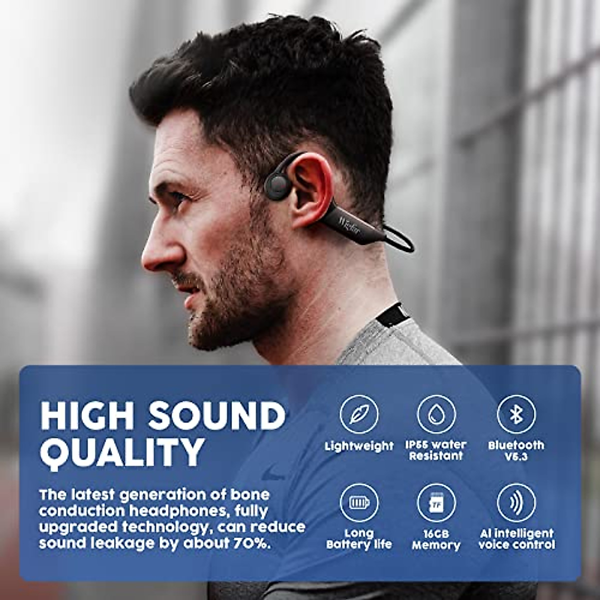 Wigfar Bone Conduction Headphones Bluetooth, Built-in 16GB Memory Bluetooth 5.3 Open Ear Headphones Wireless Bluetooth, Intelligent Voice Waterproof 8 Hr Battery Life for Running, Driving, Calling