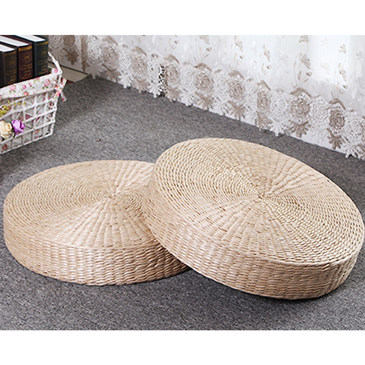 Layboo Handcrafted Eco-Friendly Breathable Padded Knitted Straw Flat Seat Cushion/Straw futon Cushion (Round 45cm(17.72 in))