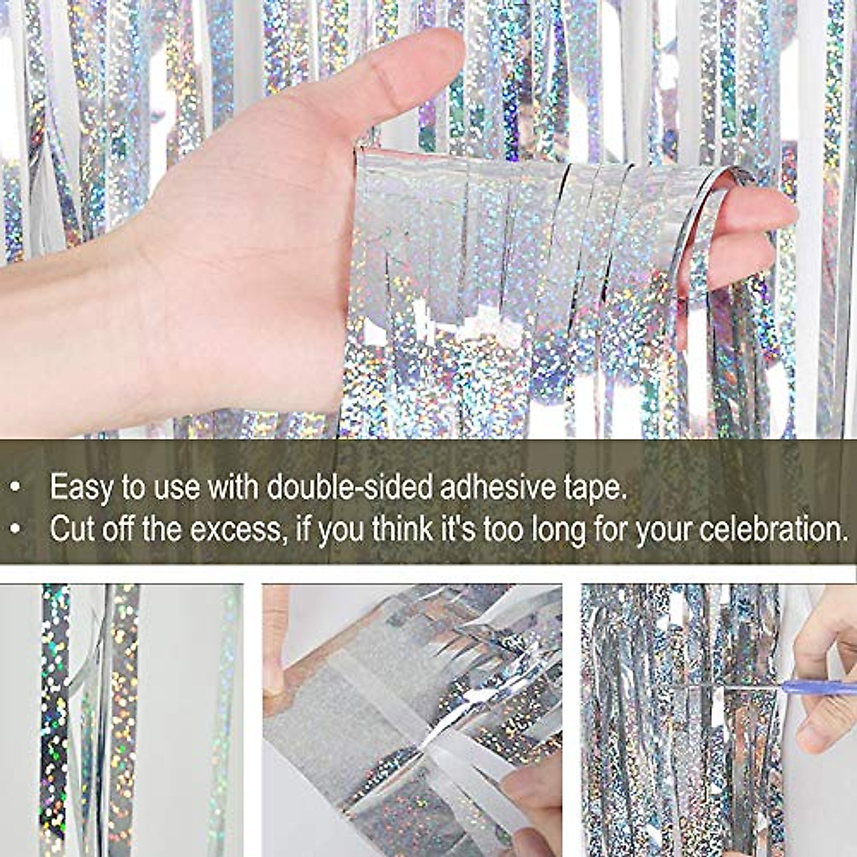 Moohome 2 Pack 3.28 ft x 9.84 ft Metallic Sparkle Silver Fringe Curtains Tinsel Foil Curtains for Party Backdrop Photo Booth Backdrop Door Window Streamer Curtain Party Wedding Background Decor