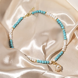 Cowlyn Baroque Pearl Pendant Necklace Turquoise Chain 18K Gold Plated Wire Winding Handmade Bohemian Style Adjustable Charm Fashion Valentine Jewelry for Women Mom