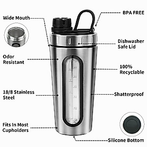 Shaker Bottles for Protein Mixes - Toofeel 28 oz Stainless Steel Protein Shaker with 2 Mixing Ball, Not Stays Cold/Hot, Visible Window Metal Shaker Cups, Leakproof, BPA Free Bottle Shaker