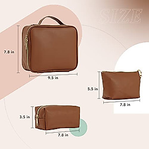 Adazzo Makeup Bag Set, Make up Bag Organzier for Women, Large 3Pcs Cosmetic Bag Sets for Travel, Makeup Artist, Nail Art, Toiletry Bags with 2 Makeup Pouch for Purse, Brown