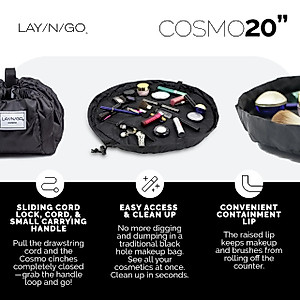 Lay-n-Go Cosmo Drawstring Cosmetic & Makeup Bag Organizer - Portable Drawstring Makeup Bag w/Zipper Pocket, Makeup Loops & More - Durable, Machine Washable Makeup Bag for Travel (20”, Black)