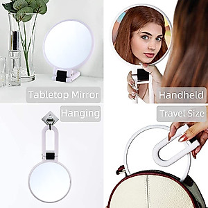 LOTIKO 1x 10x Magnifying Handheld Mirror,Travel Folding Hand Held Mirror,Double Sided Pedestal Magnification and True Image Makeup Mirror, Portable Vanity Cosmetic Mirror for Women （White）