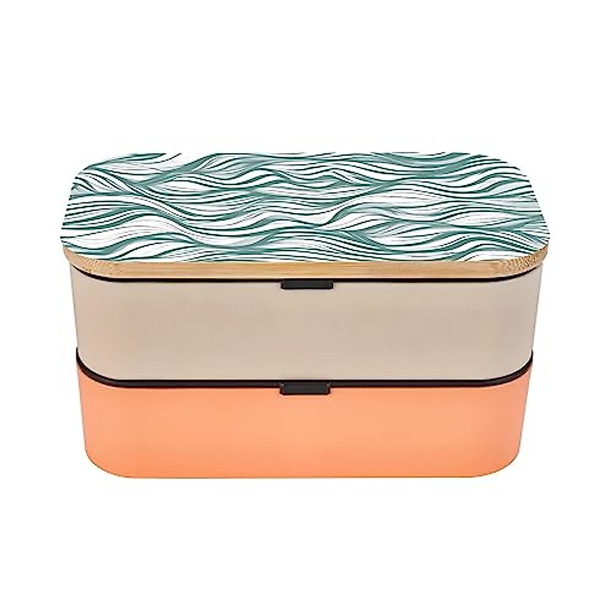 Green Wavy Stripe Adult Lunch Box, Bento Box, With Cutlery Set Of 3, 2 Compartments, Rectangular, Lunch Box For Adults