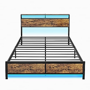 SYING88 Modern Bed Frame with LED Lights and 2 USB Ports Industrial Style,Bed Frame with Headboard/Noise-Free/No Box Spring Required for Bedrooms and Small Apartment(Antique Brown (Queen)