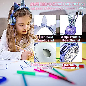 SVYHUOK Unicorn Kids Headphones for Girls Children Teens,Cute Cat Ear Wired Headphones w/Microphone 3.5mm Jack, Over On Ear Headset for School Birthday Xmas Unicorn Gift (Princess Blue)