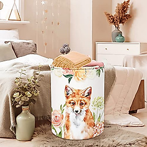 Clastyle 45L Fox Pink Flowers Laundry Basket with Handle Spring Garden Blossom Floral Laundry Hamper with Drawstring Cute Animal Round Toy Clothes Storage Basket for Bedroom, 14.2x17.7 in