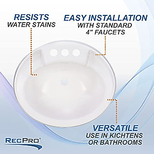 RecPro Oval RV Bathroom Sink | White | Single Bowl Lavatory Sink | Camper Sink | 20x17" | Plastic