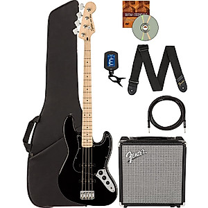 Fender Affinity Jazz Bass - Black Bundle with Rumble 15 Amplifier, Instrument Cable, Gig Bag, Tuner, Strap, and Austin Bazaar Instructional DVD