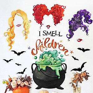Mfault Halloween I Smell Children Wall Decals Stickers, Sanderson Sisters Witch Caldron Bat Decorations Bedroom Art, Hocus Pocus Holiday Party Supplies Living Room Home Kitchen Decor