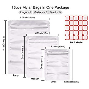 3 Sizes Mylar Bags for Food Storage, Reusable Moisture-Proof Aluminum Bags for Packing, Ziplock-Open Mylar Foil Bags Airtight Vacuum Dry-Packs Foods Packing for Food Sample Tea Coffee Seeds Packing Storage(15 PCS)