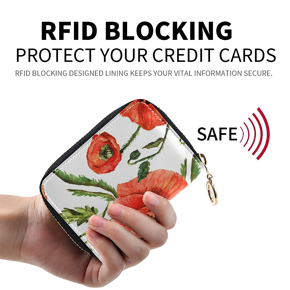 Wildflower Red Poppy Flower Credit Card Coin wallet, RFID Blocking Compact Women Leather Card Holder, Key Change Organizer, Zipper Purse Clutch Pouch Pocket