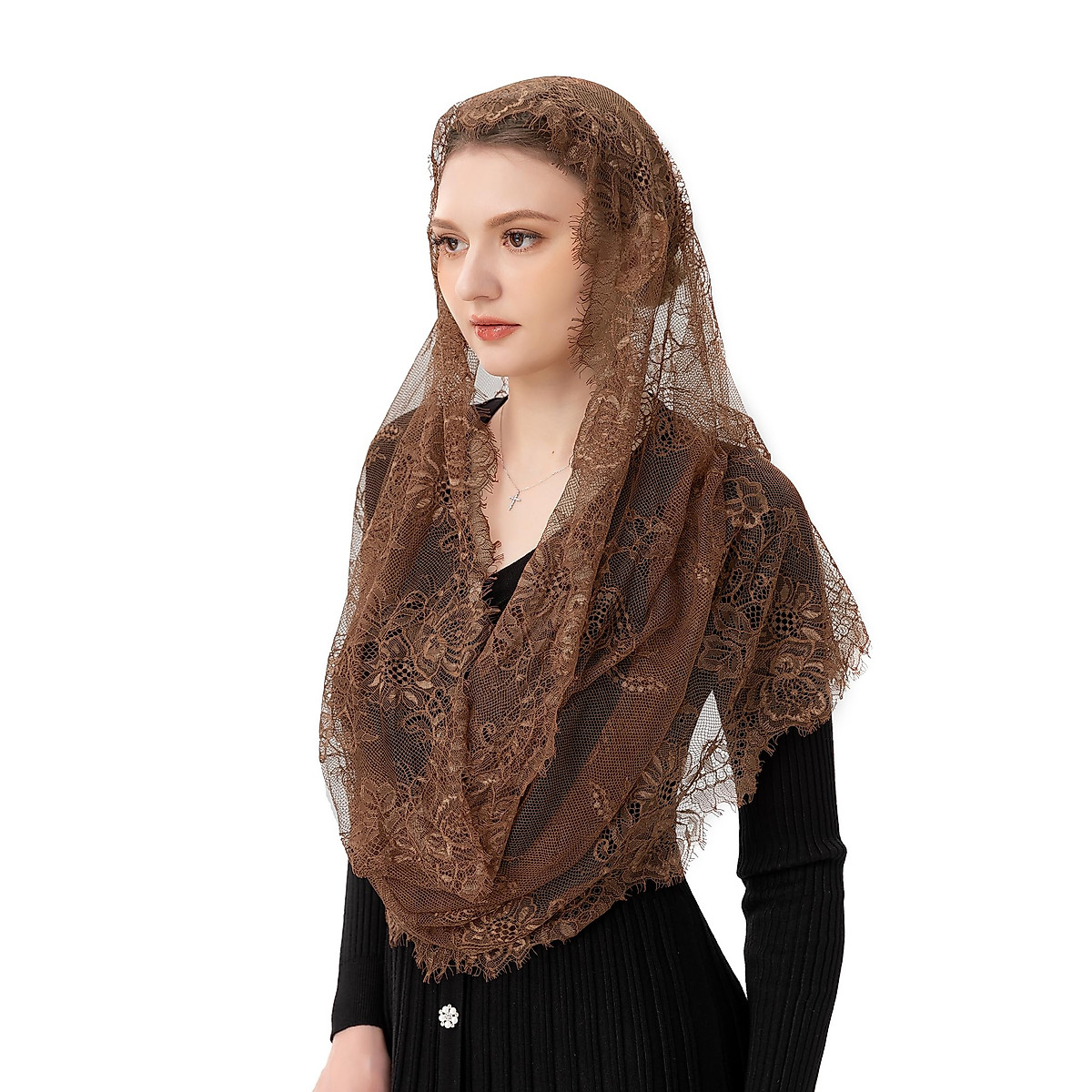 PAMOR Spanish Style Lace Traditional Vintage Inspired Infinity Shape Mantilla Veil Latin Mass Head Covering (Brown)