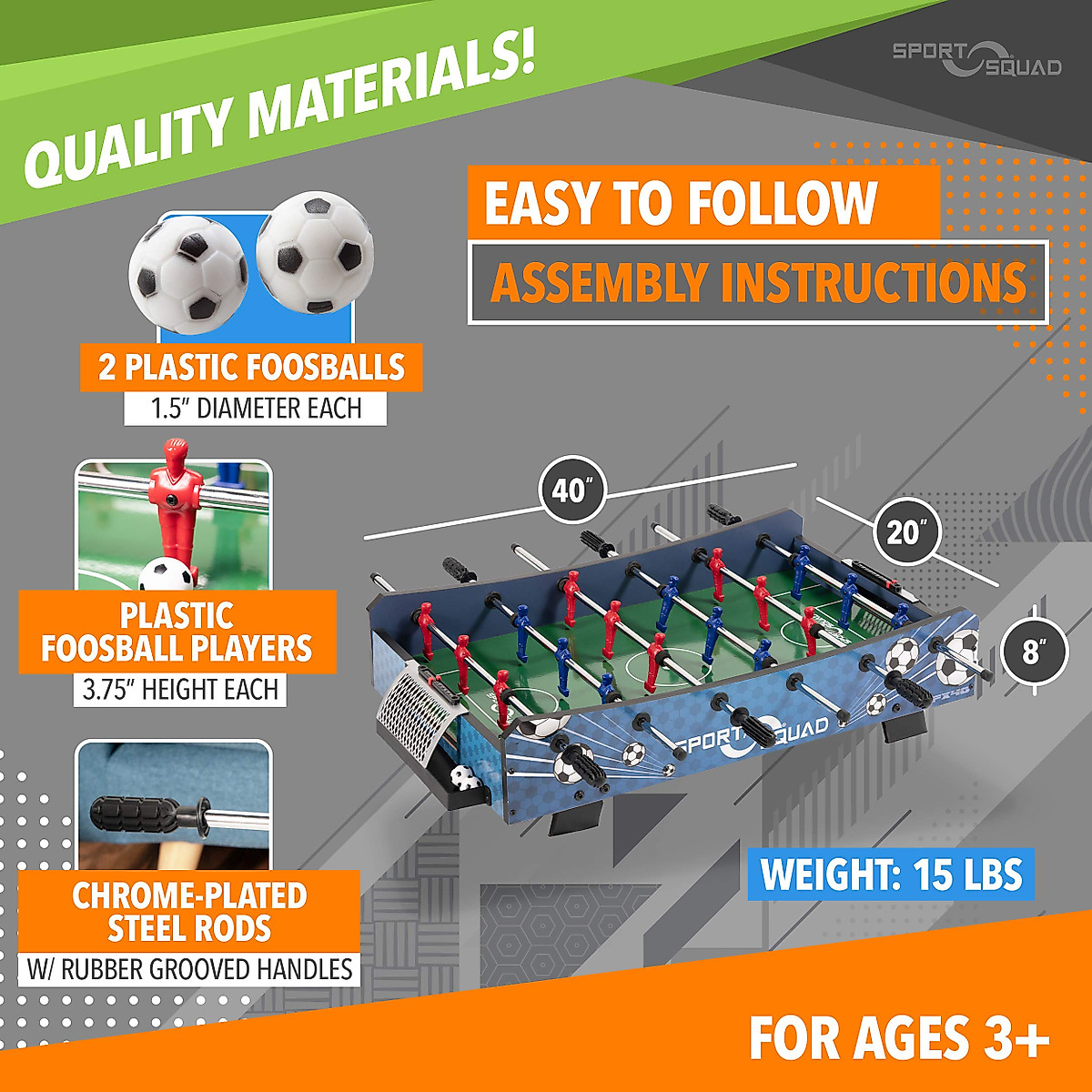 Sport Squad FX40 40 inch Table Top Foosball Table for Adults and Kids - Compact Mini Tabletop Soccer Game - Portable Recreational Hand Soccer for Game Room & Family Game Night - Incl. 2 Foosball Balls