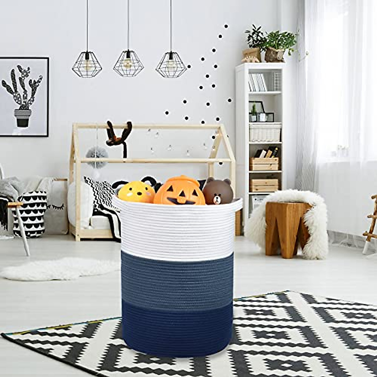 BOSROTY Extra Large Blanket Basket, Tall Laundry Basket, Laundry Hamper, Large Storage Basket, 15.7”x 21.7”,Cotton Rope Basket, Woven Basket, Toy Basket, Clothes Baskets, White&Cadet Blue&Navy Blue